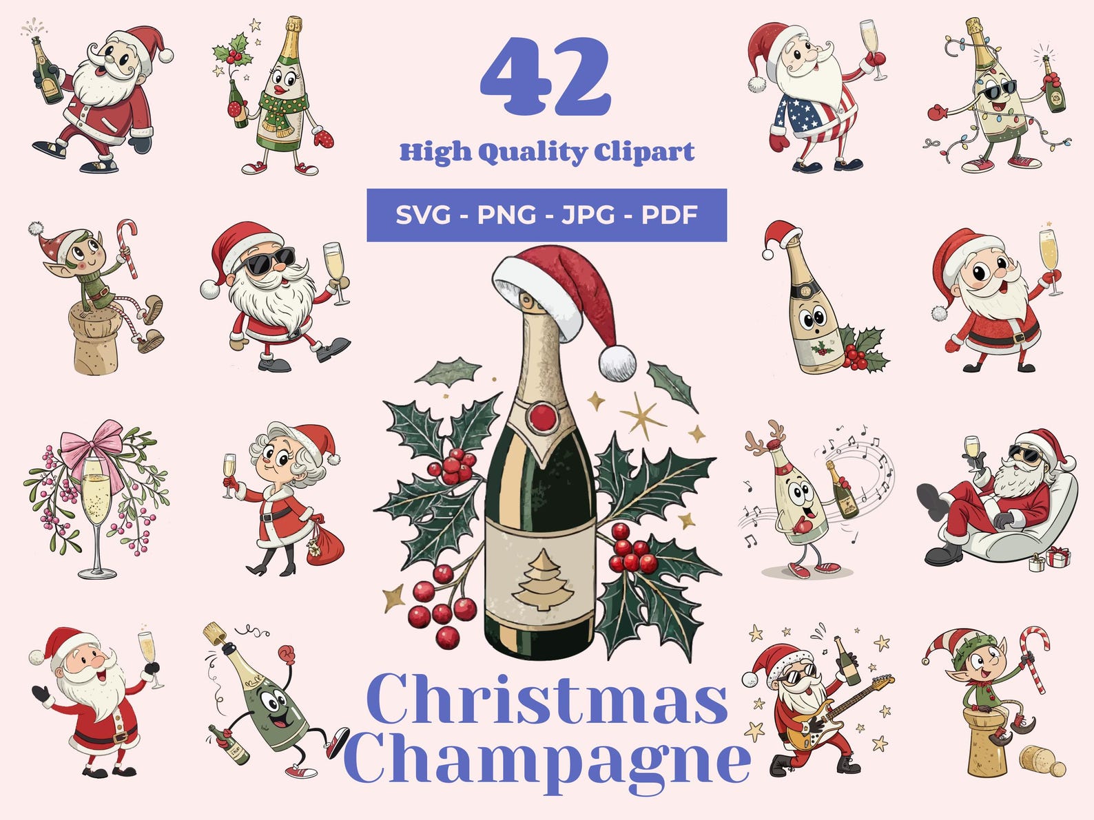 Christmas Champagne Clipart: Santa, Elves, Festive Bottles (SVG, PNG ...
