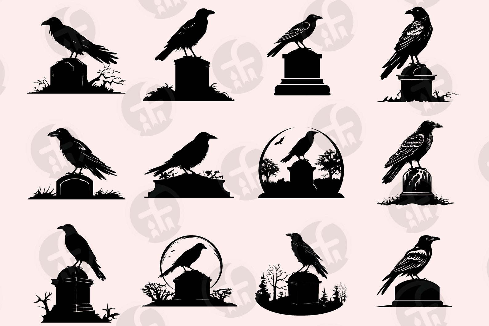 Raven on Tombstone Silhouette SVG Bundle: Gothic Decor (36 Cut Files ...