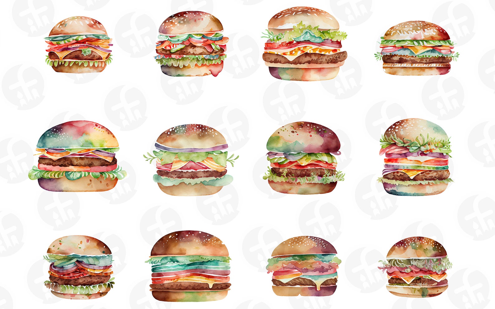 Watercolor Burgers Clipart Bundle 12 Cozy Design Fast Food - Etsy