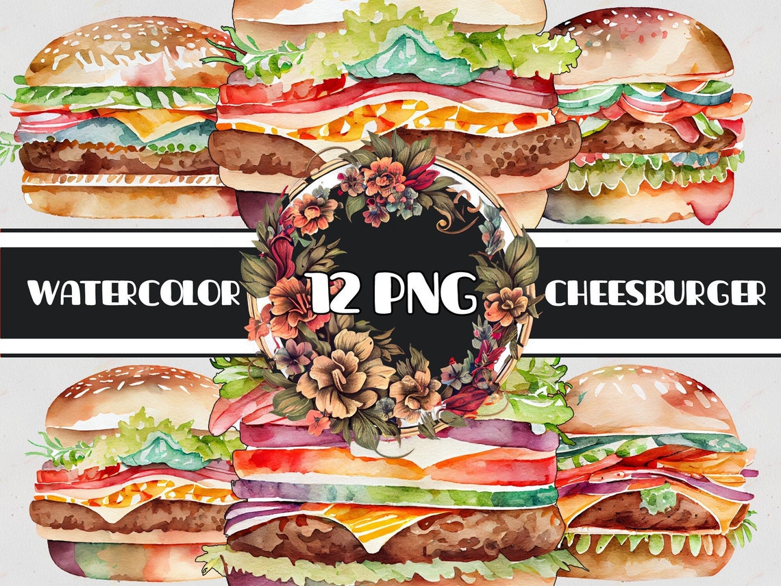 Watercolor Burgers Clipart Bundle 12 Cozy Design Fast Food - Etsy