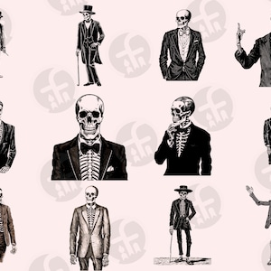 Skeleton in Suit SVG Bundle - 36 Vintage Engraving - Cut Files - Dark ...
