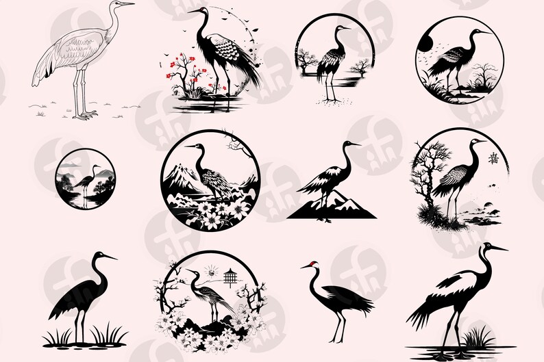 Japanese Crane SVG Bundle: 52 Black and White Cut Files (digital ...
