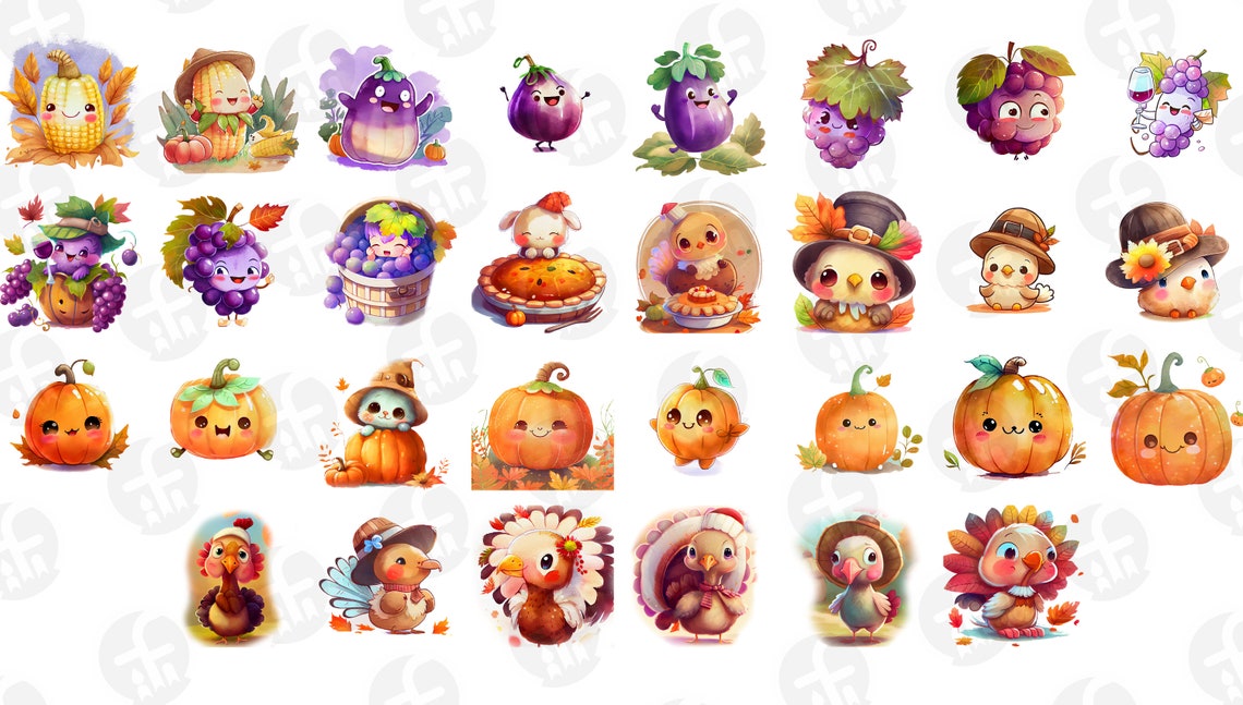 Kawaii Watercolour Thanksgiving Clipart Pack 30 Unique - Etsy