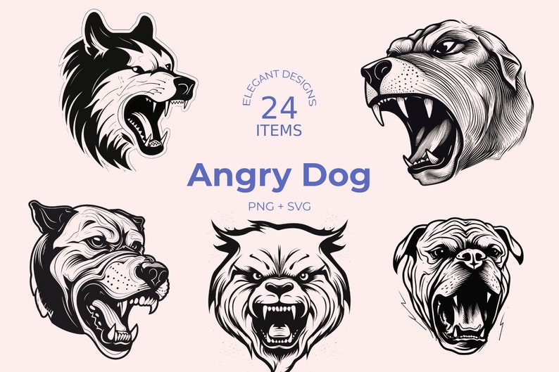 Angry Dog SVG - 24 Vector Images - Black and White - Furious Canine ...