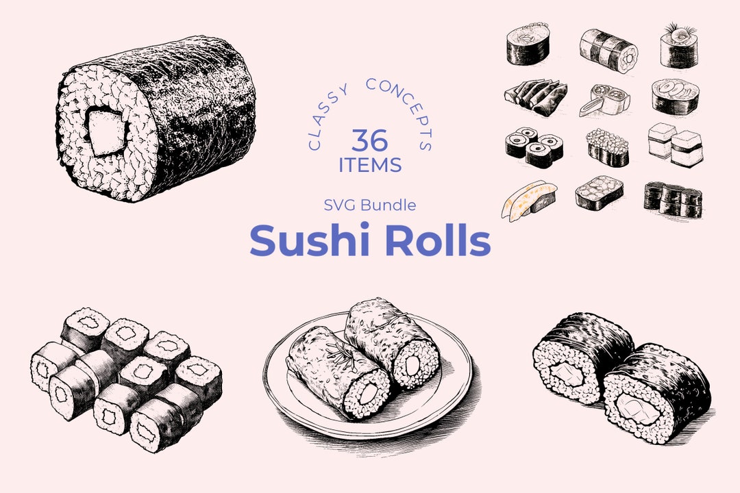 Sushi Rolls SVG Bundle: 36 Vintage Engravings, Culinary Art (digital ...