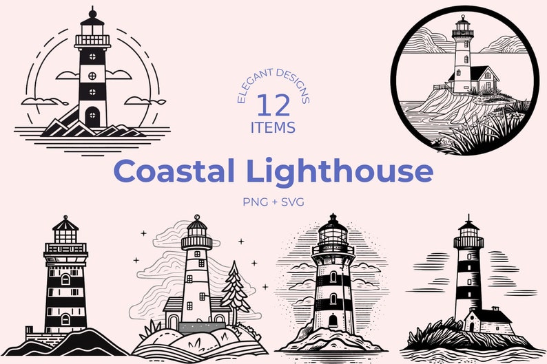 Lighthouse SVG - 12 Minimalist Line Art - Nautical Beacon Clipart ...