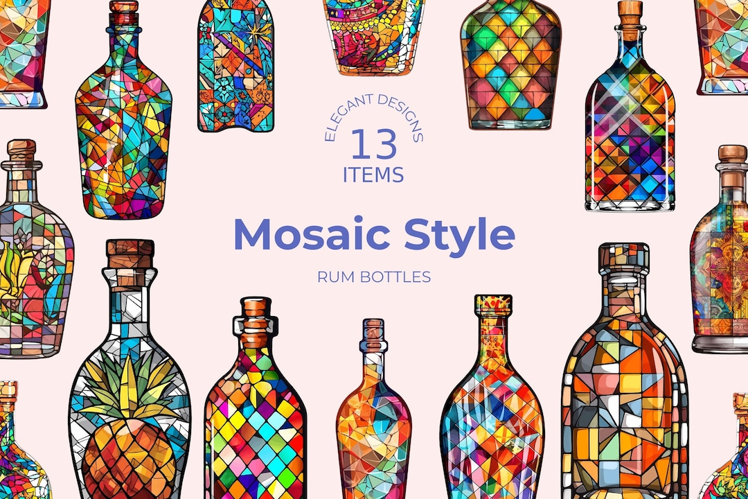 Mosaic Rum Clip Art Bundle - 13 Colorful Designs - Rum Bottle Clipart ...