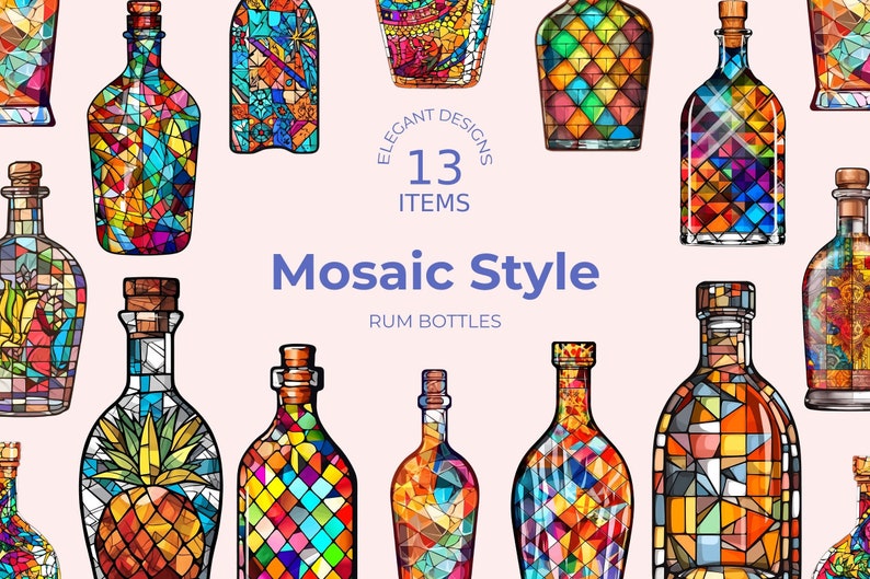 Mosaic Rum Clip Art Bundle 13 Colorful Designs Rum Bottle Clipart ...