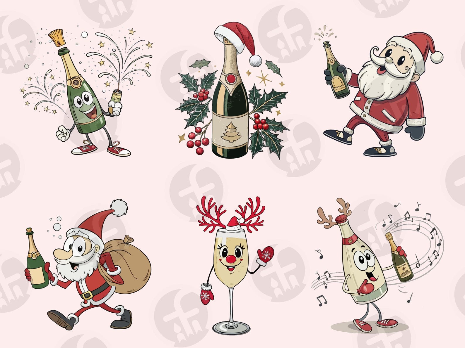Christmas Champagne Clipart: Santa, Elves, Festive Bottles (SVG, PNG ...