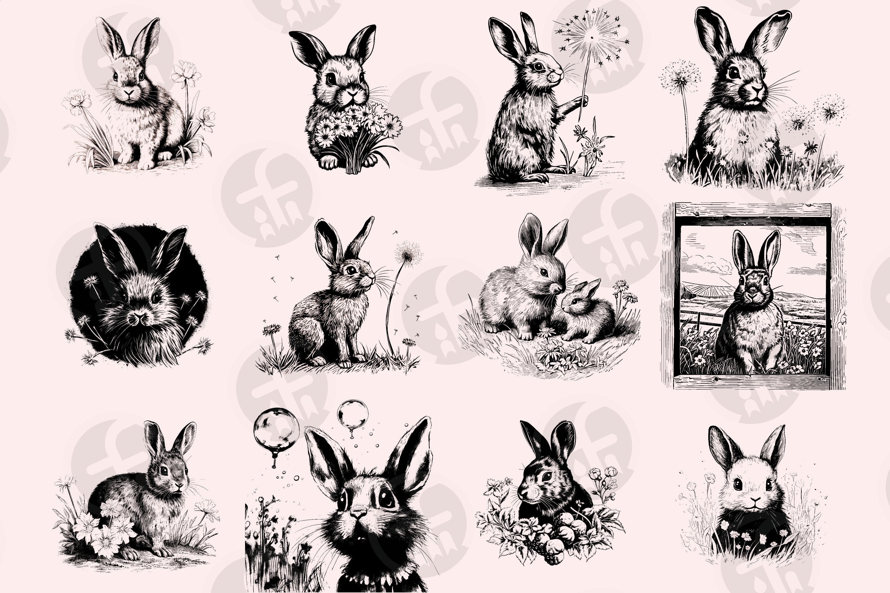 Rabbit and Dandelions SVG Bundle 60 Vintage Engravings Cut - Etsy