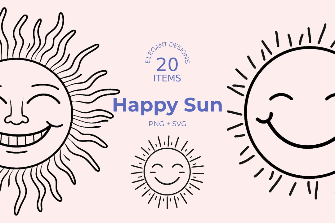 Happy Sun SVG - 20 Line Art Designs - Black and White - Cheerful Sun ...