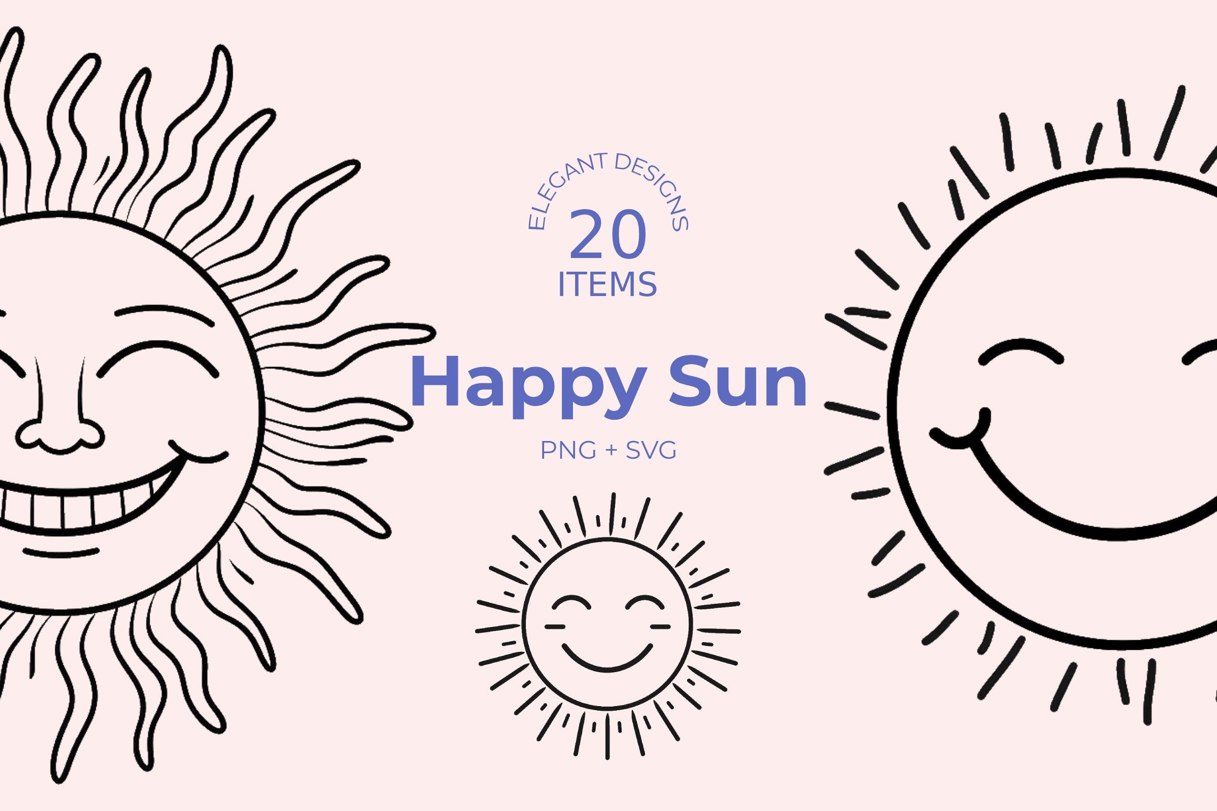 Happy Sun SVG 20 Line Art Designs Black and White - Etsy