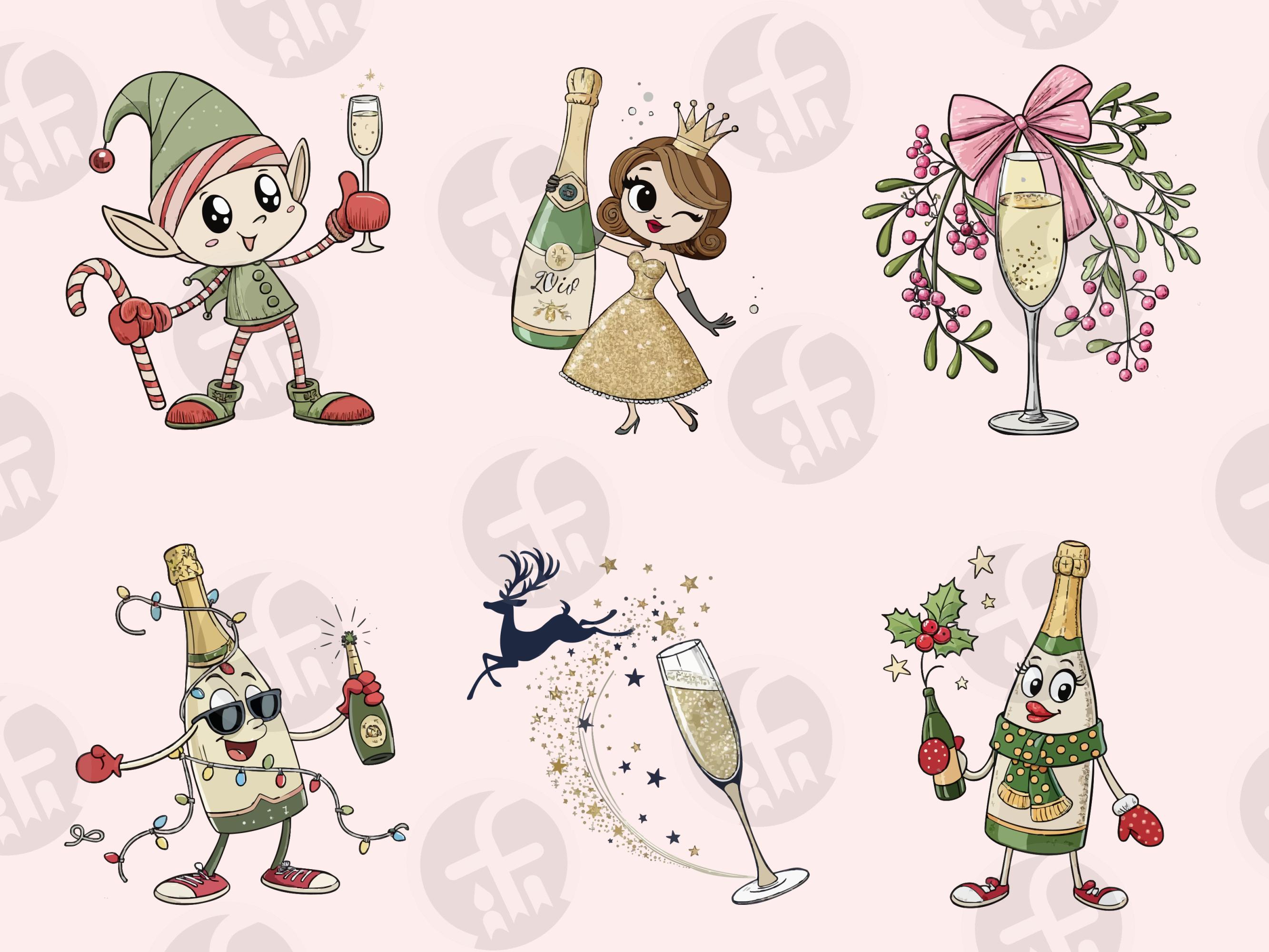Christmas Champagne Clipart: Santa, Elves, Festive Bottles (SVG, PNG ...