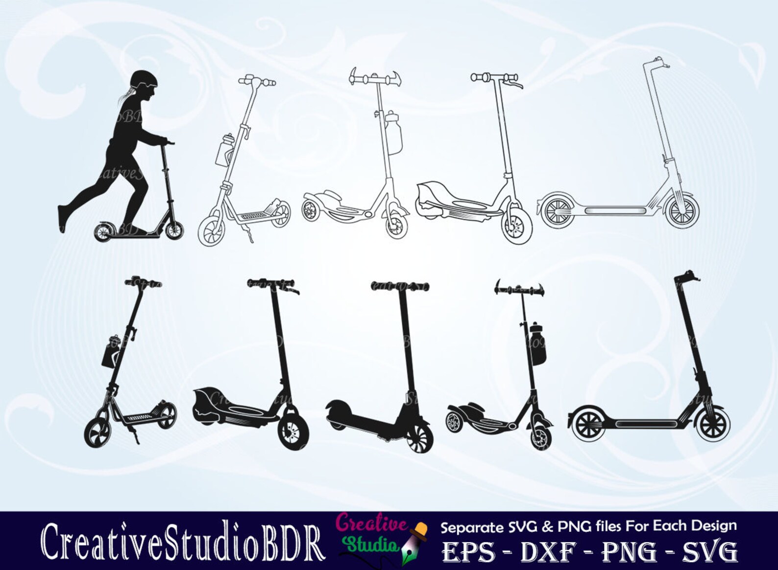 Kick Scooter SVG Bundle, Stepper Scooter Silhouette Svg, Moped Svg ...