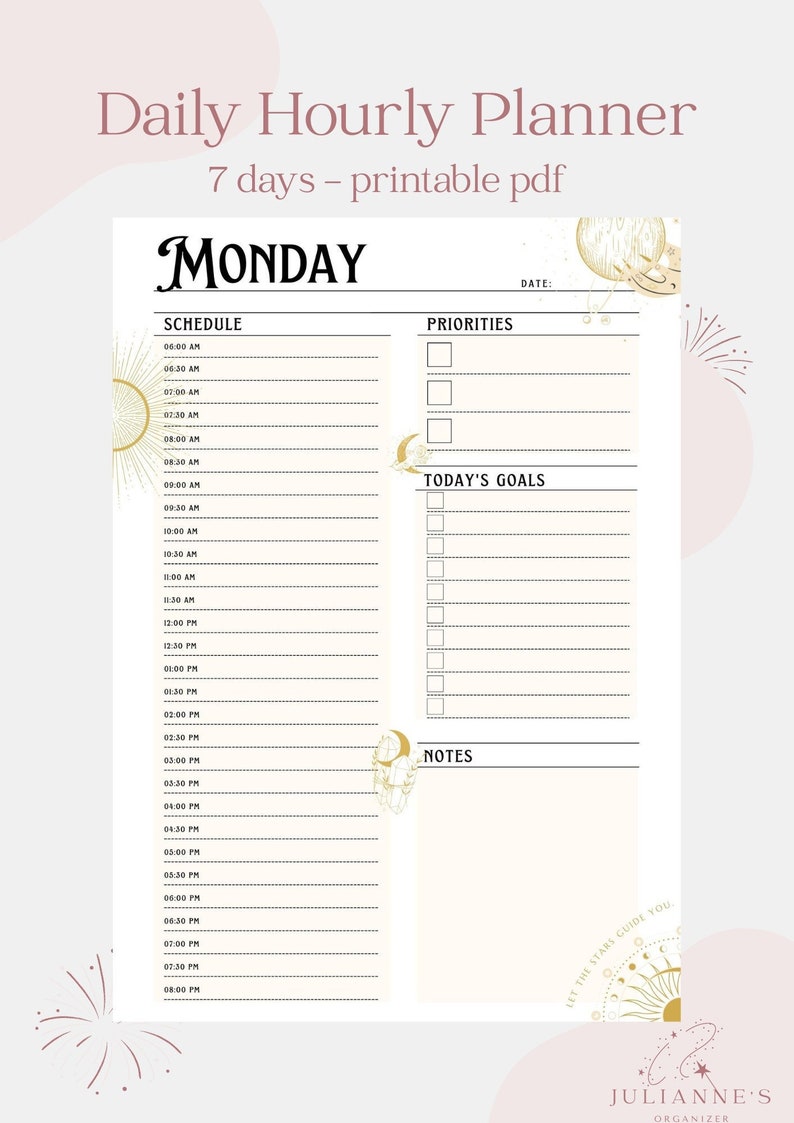 Daily Hourly Planner Mystic Printable & Digitally Instant Download A4 ...