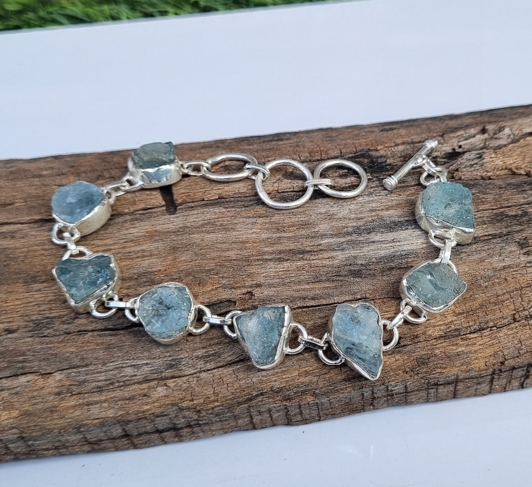 Natural Raw Aquamarine Bracelet, 925 Sterling Silver Bracelet, Gemstone Bracelet, Aquamarine ...