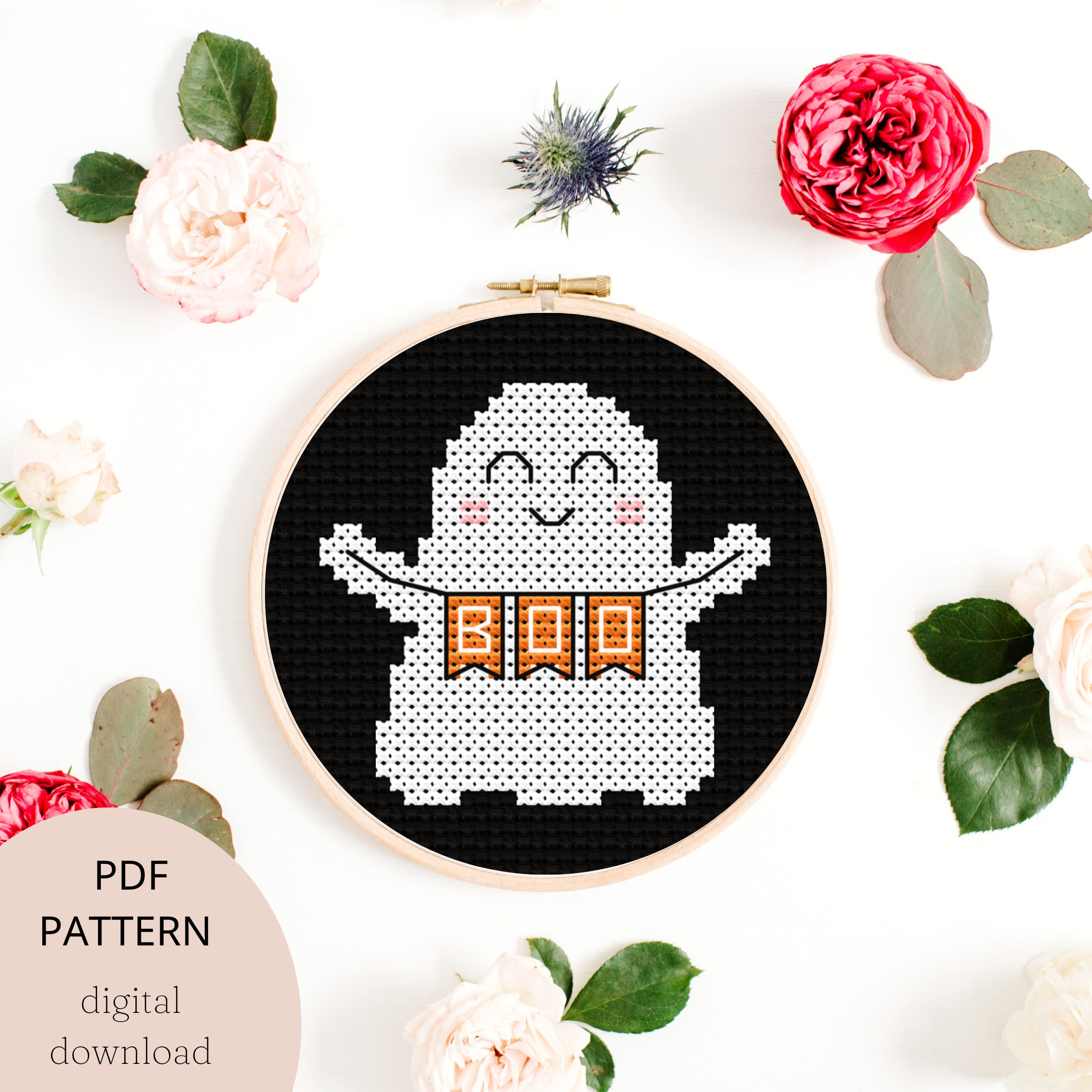 Cute Ghost With Boo Banner Cross Stitch Pattern, Halloween Digital Pdf ...