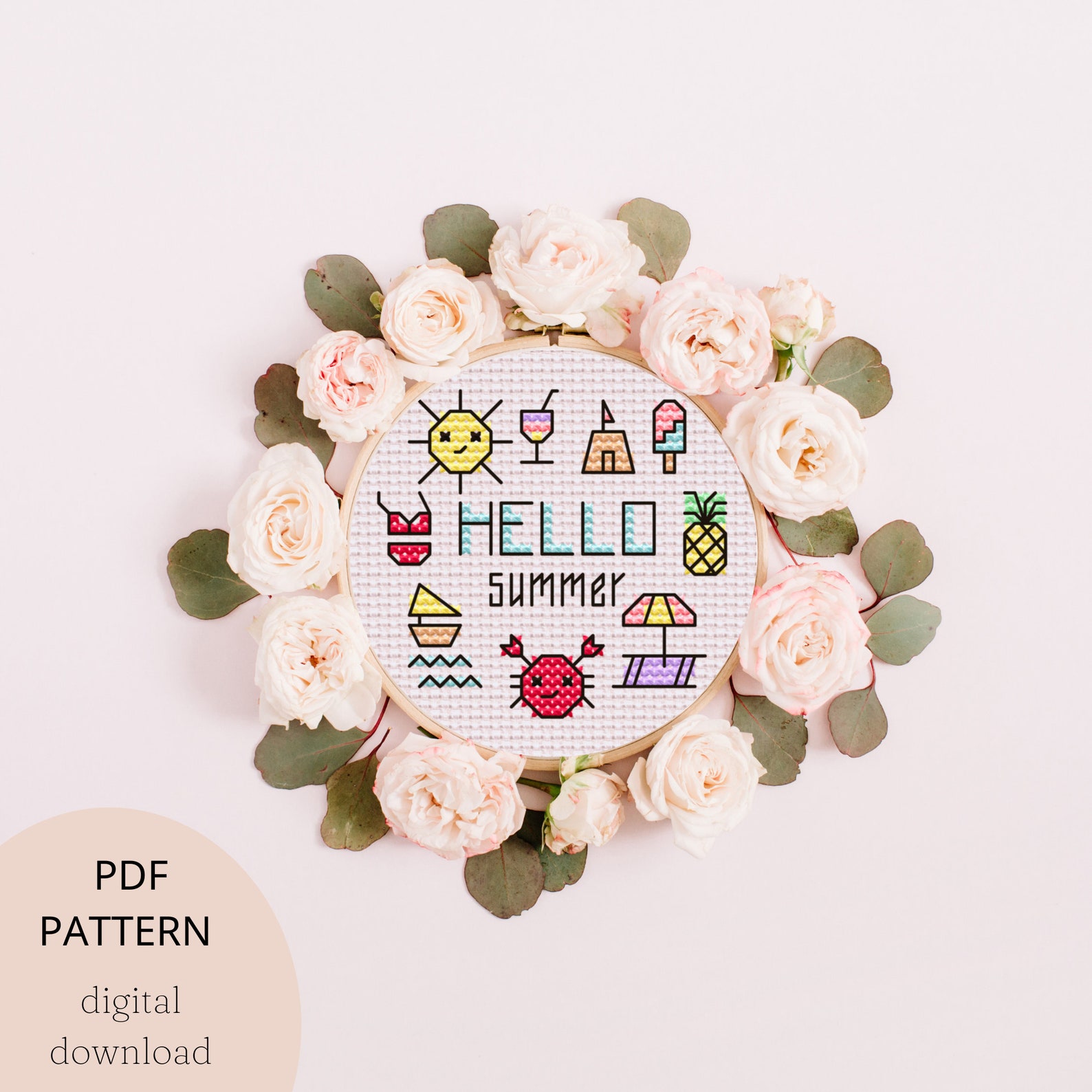 Hello Summer Cross Stitch Pattern, Cute Modern Digital Pdf Cross Stitch ...