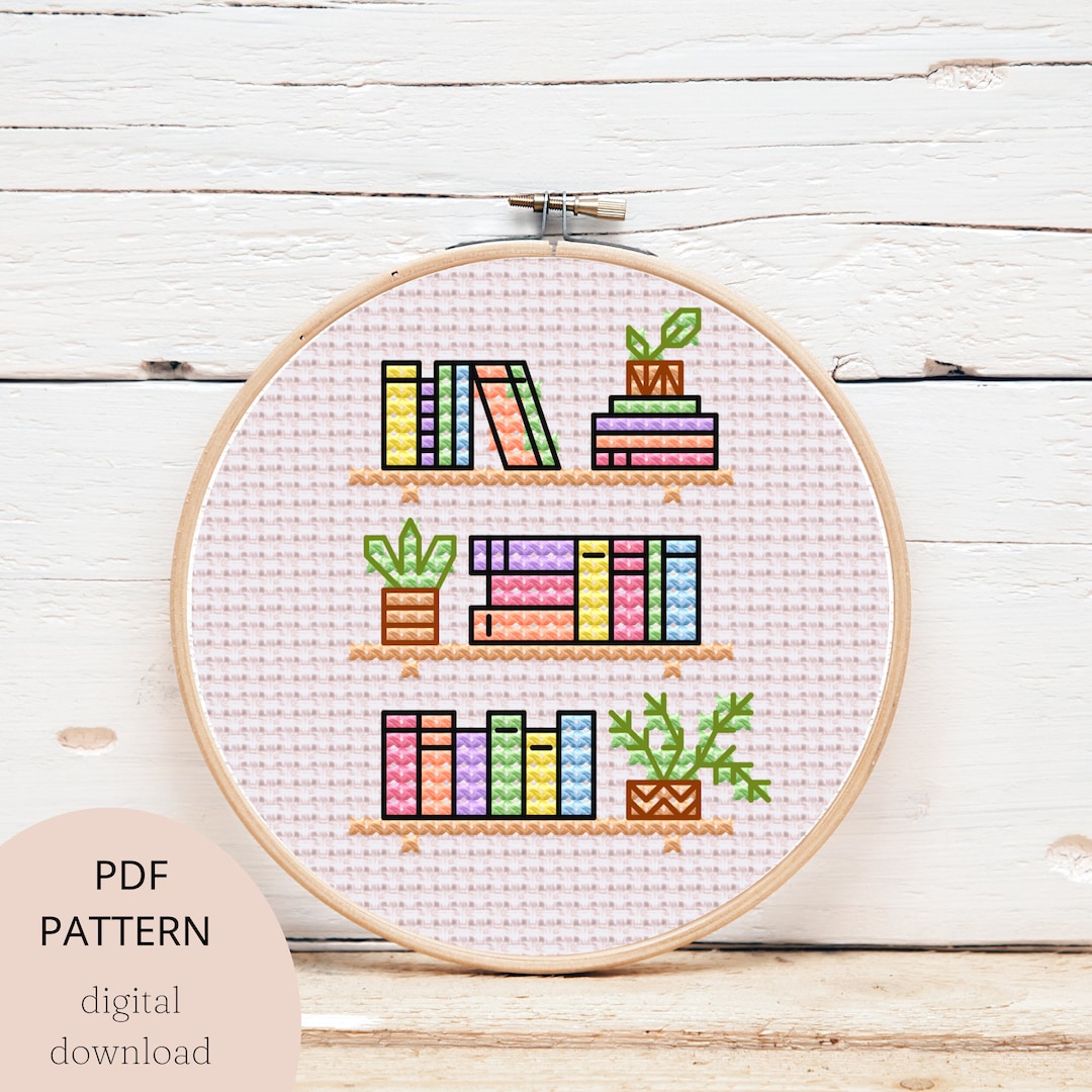 Book Cross Stitch, Bookish Bookshelves Cute Modern Digital Pdf Cross ...