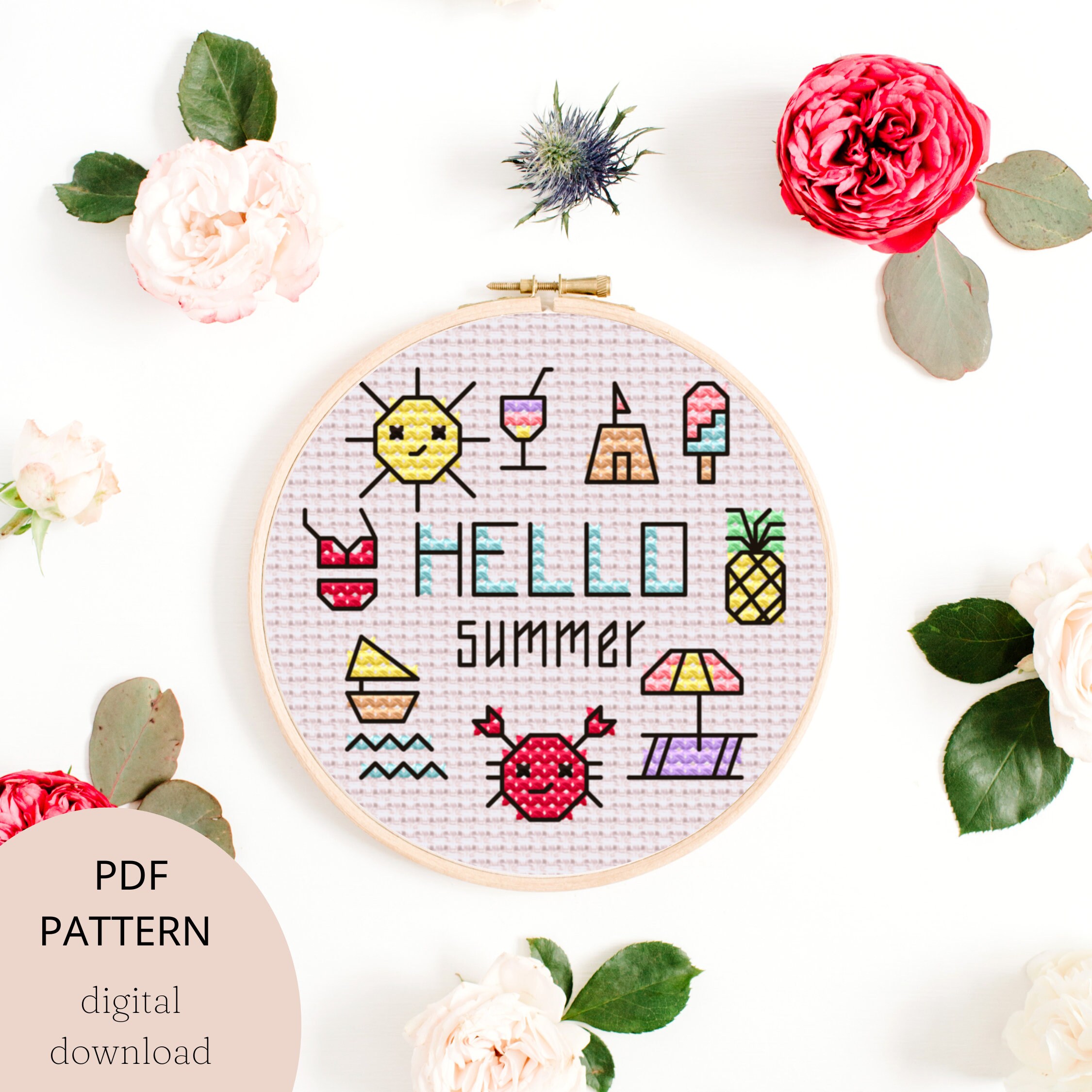 Hello Summer Cross Stitch Pattern, Cute Modern Digital Pdf Cross Stitch ...