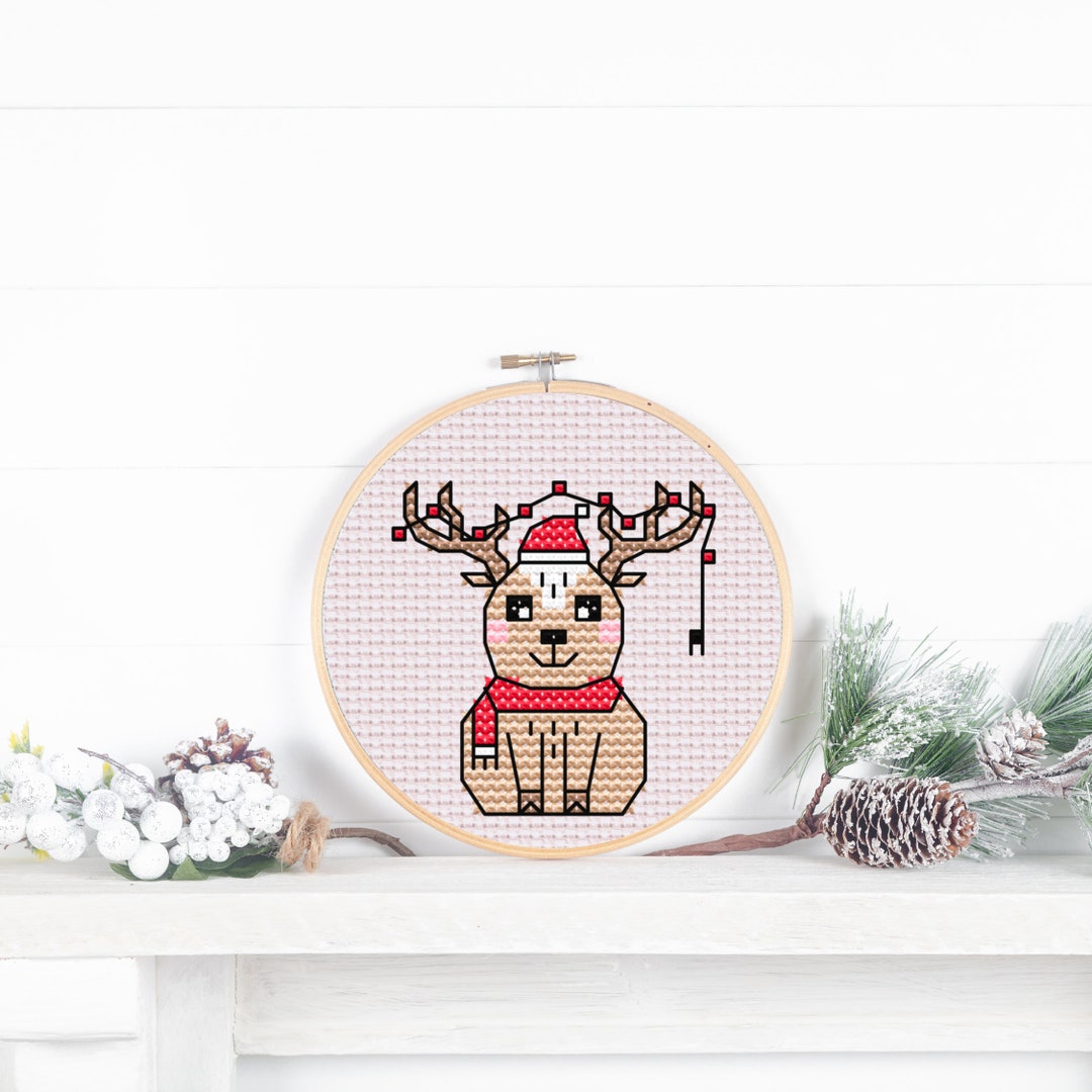 Christmas Reindeer Santa Hat Cross Stitch Pattern, Cute Rudolf Small ...