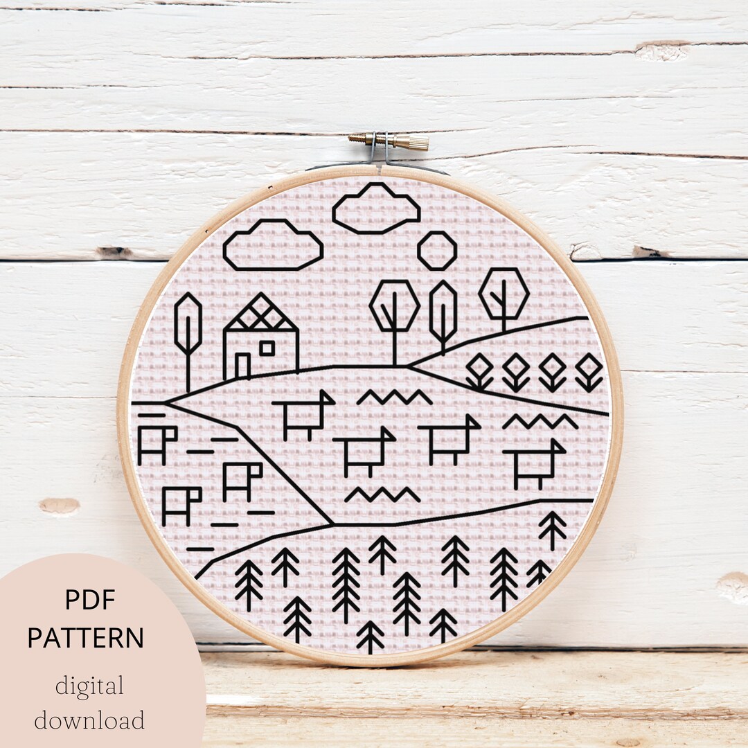 Blackwork Farm Cross Stitch Pattern, Modern Landscape Digital Pdf Cross ...