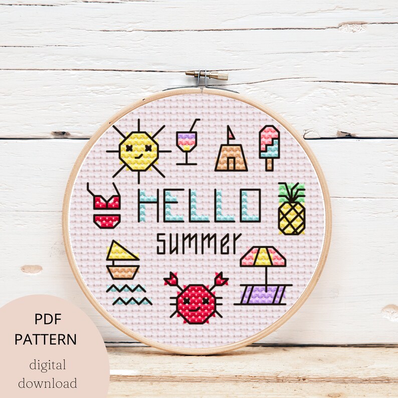 Hello Summer Cross Stitch Pattern, Cute Modern Digital Pdf Cross Stitch Pattern - Etsy
