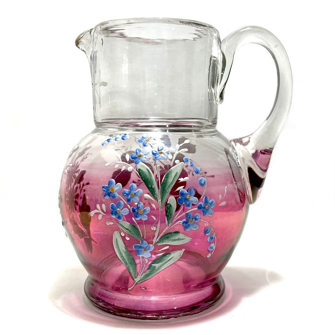 Antique 1880s Victorian Hand Blown Unique Glass Pitcher Hand Painted ...