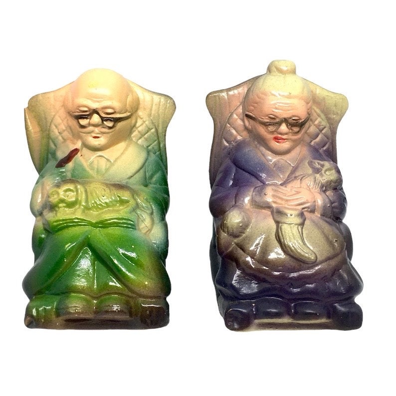 Vintage 1960s Grandma & Grandpa Smoking With Cats on Their Laps in Rocking Chair Blow Mold ...