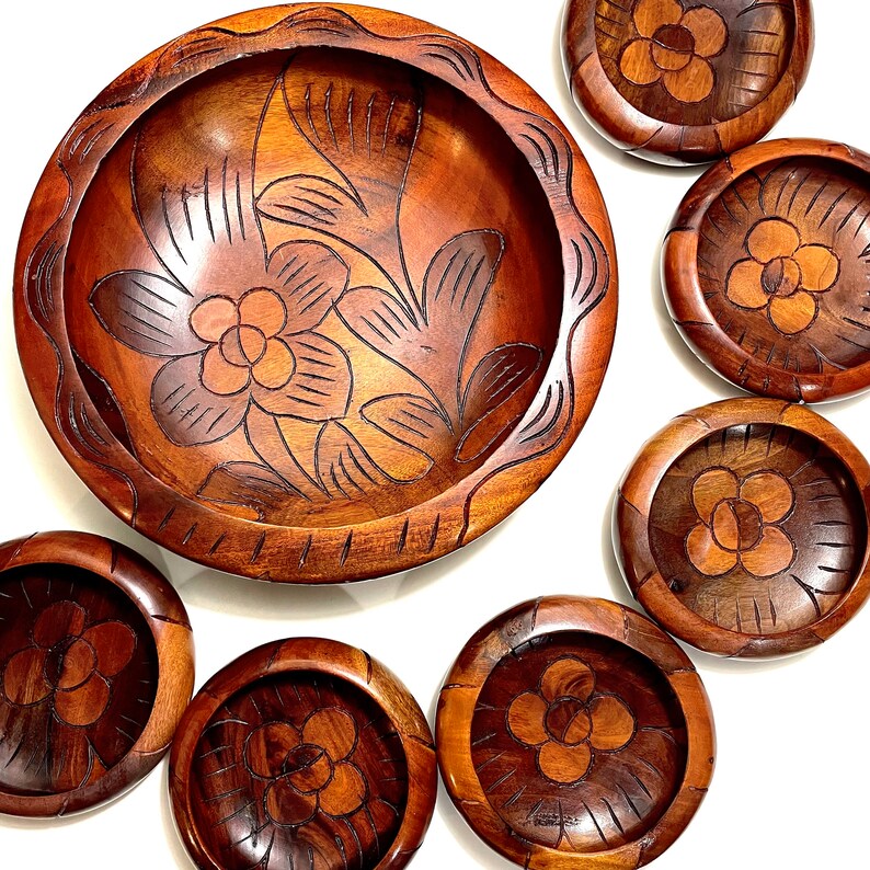 Vintage 1950s Haitian Wooden Handcarved Salad Bowls Set Folk Art Monkey ...