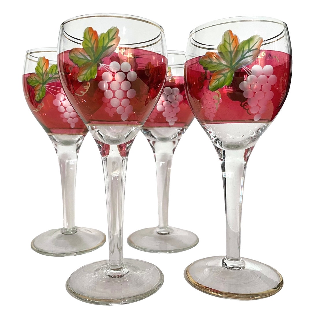 Vintage 1970s Romania Cranberry Red Wine Glasses 4 Hand Painted and ...