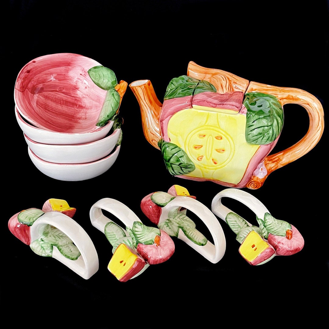 Vintage 1980s Apple Shaped Teapot Serving Bowls & Napkins Rings Set for ...