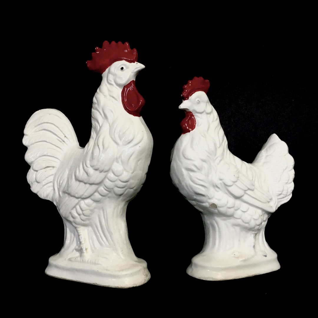 Vintage 1950s Rooster & Hen Figure Farmhouse Chicken Decor White and ...