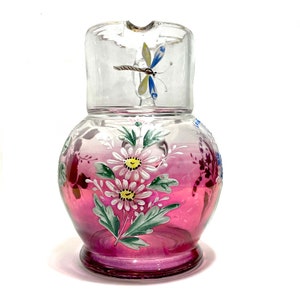 Antique 1880s Victorian Hand Blown Unique Glass Pitcher Hand Painted ...