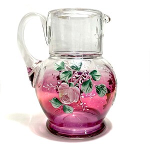 Antique 1880s Victorian Hand Blown Unique Glass Pitcher Hand Painted ...