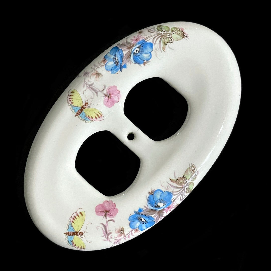 Vintage 1980s Decorative Porcelain Outlet Cover White Oval With Flowers ...
