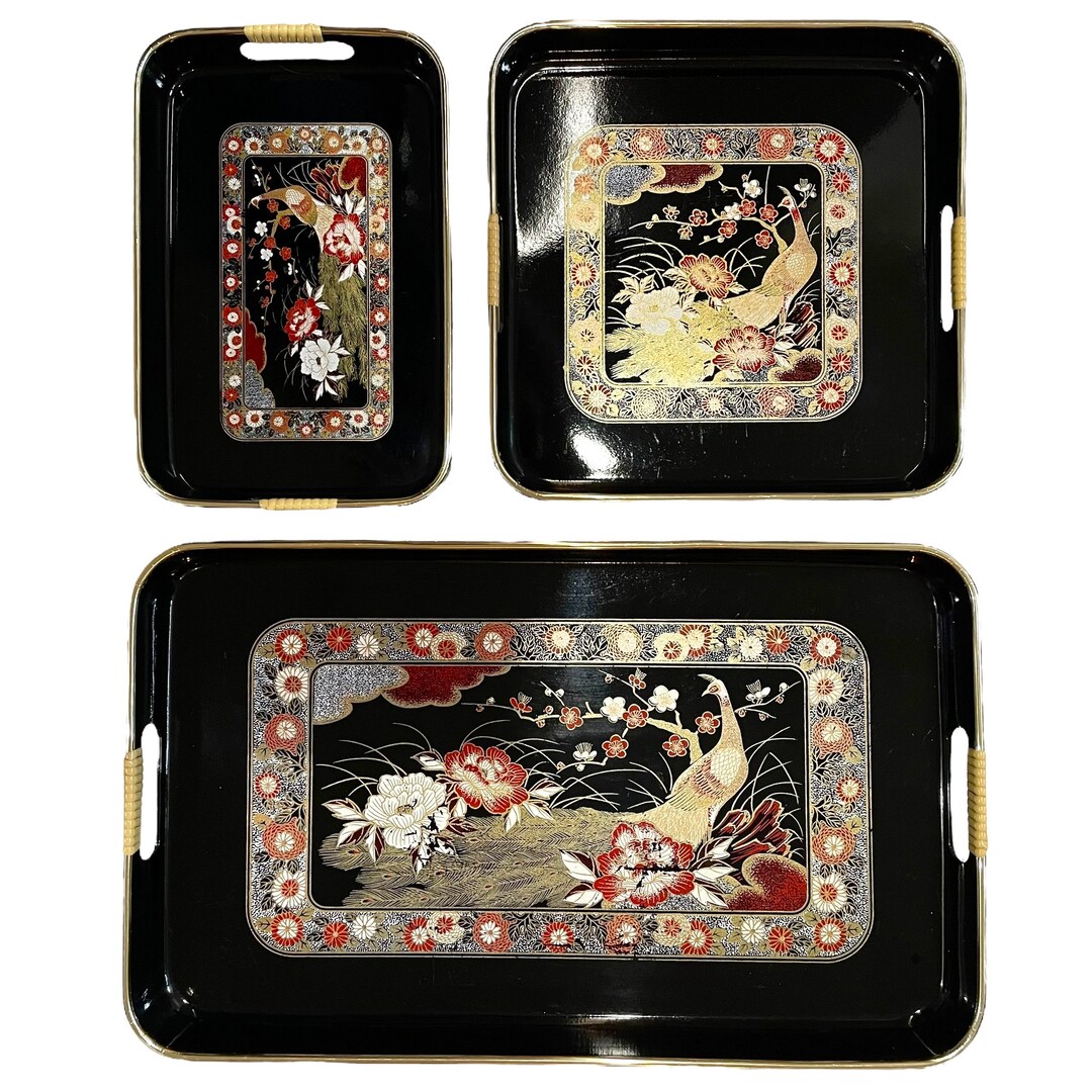 Vintage 1960s Lacquer Ware Japanese Trays Set of 3 Black, White, Red ...