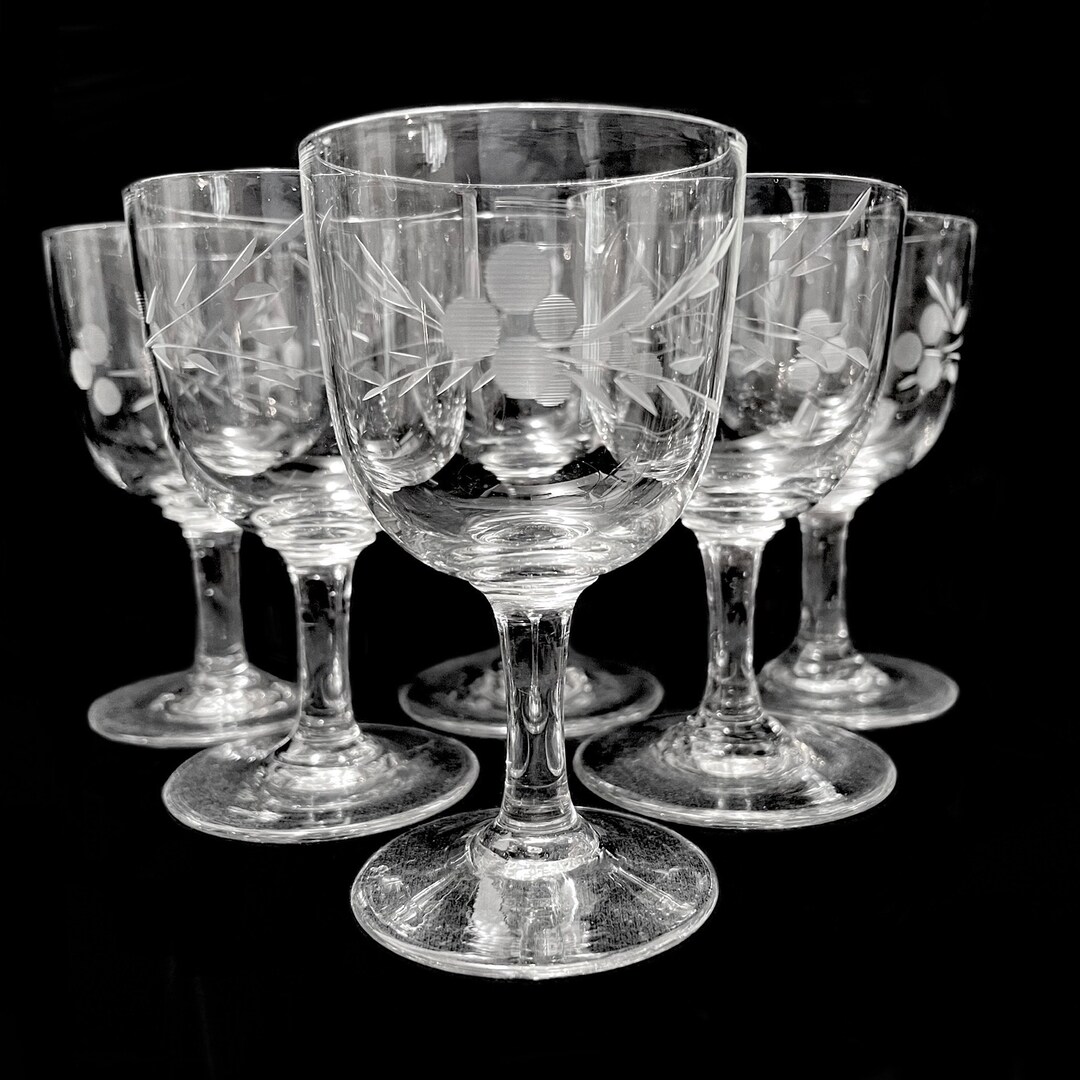 Vintage 1950s Set of 6 Etched Sherry Glasses Dessert Wine Aperitif ...