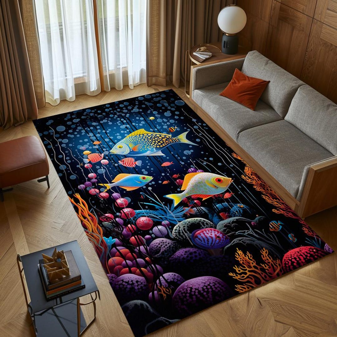 Fish Design Rug, Botanical Pattern Rug, Bright Color Rug, Machine ...