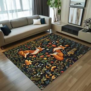 Floral Animal Rug, Orange Fox Rug, Washable Patio Rug, Gift for Office ...
