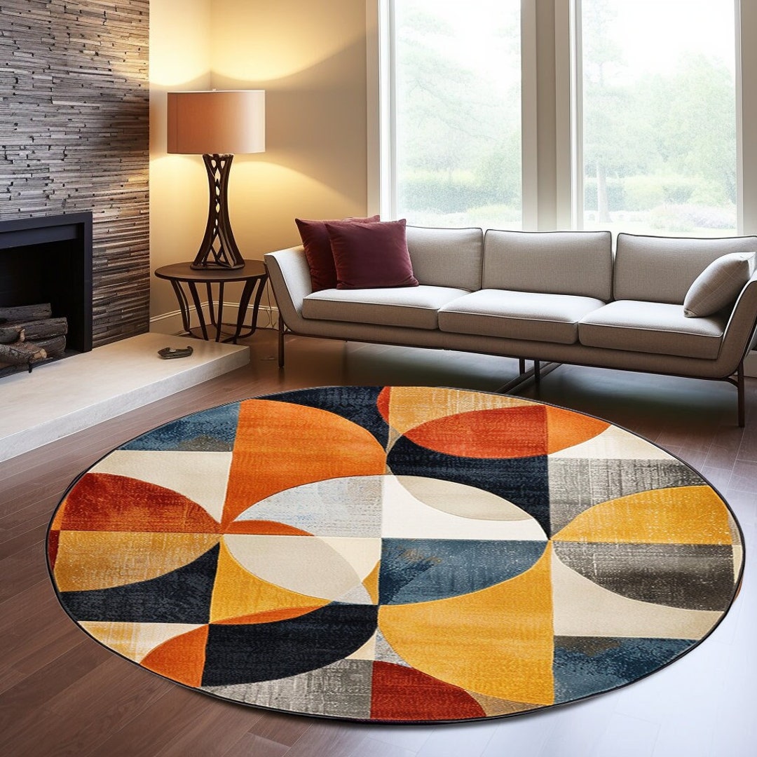 Round Rug, Orange Circle Rug, Geometric Non Slip Decor Rug, Circle ...