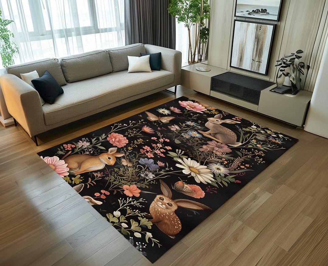 Nature Inspired Rabbit Rug, Patterned Rug, Bunny and Bloom Rug, Non ...