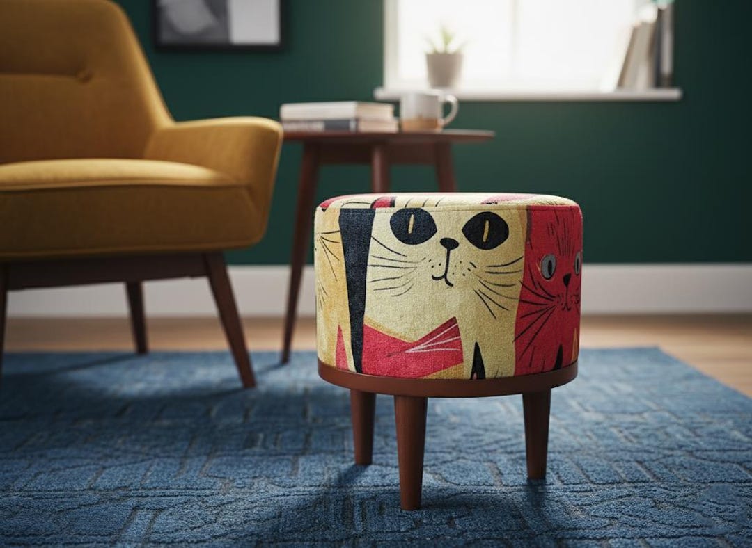 Cat Pattern Round Pouf, Cute Design Bench, Colorful Footstool, Elegance ...
