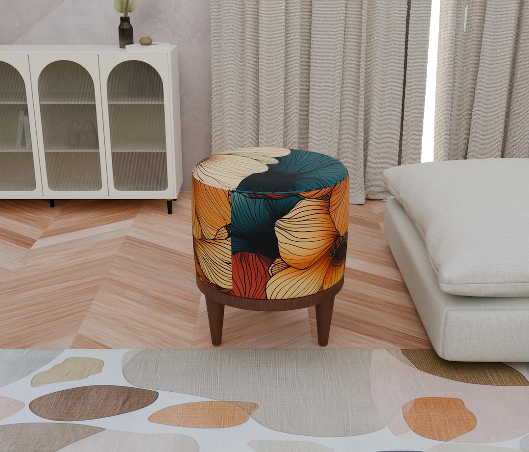 Contemporary Round Pouf, Floral Pattern Ottoman Bench, Elegant Decor ...