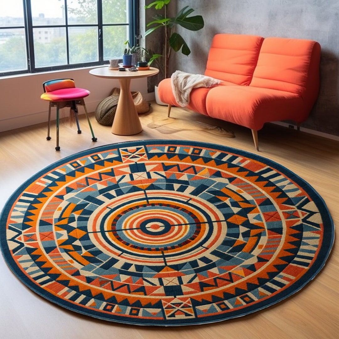 Mystic Design Rug, Orange Round Rug, Geometric Large Rug, Modern ...
