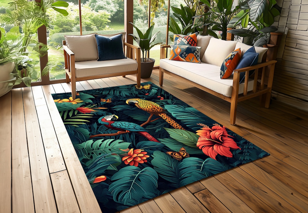 Floral Parrot Rug, Machine Washable Rug, Tropical Rug, Patio Rug ...