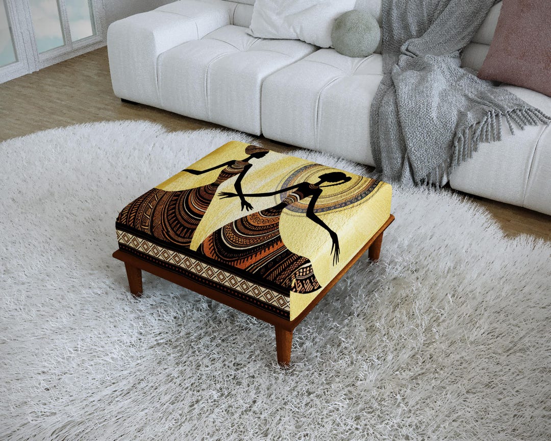 Ethnic Figure Traditional Bench, Tribal Art Yellow Upholstered Seat, H ...