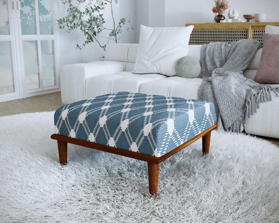 Blue White Plaid Boho Bench, Checked Farmhouse Pattern Ottoman, H-762 ...
