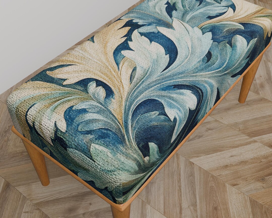 Leaf Print Bench, Vintage Style Bench, Blue Cushioned Bench, Inddor ...