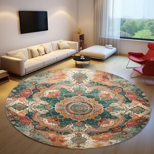 Cultural Design Rug, Orange Circle Rug, Large Round Rug, Washable ...